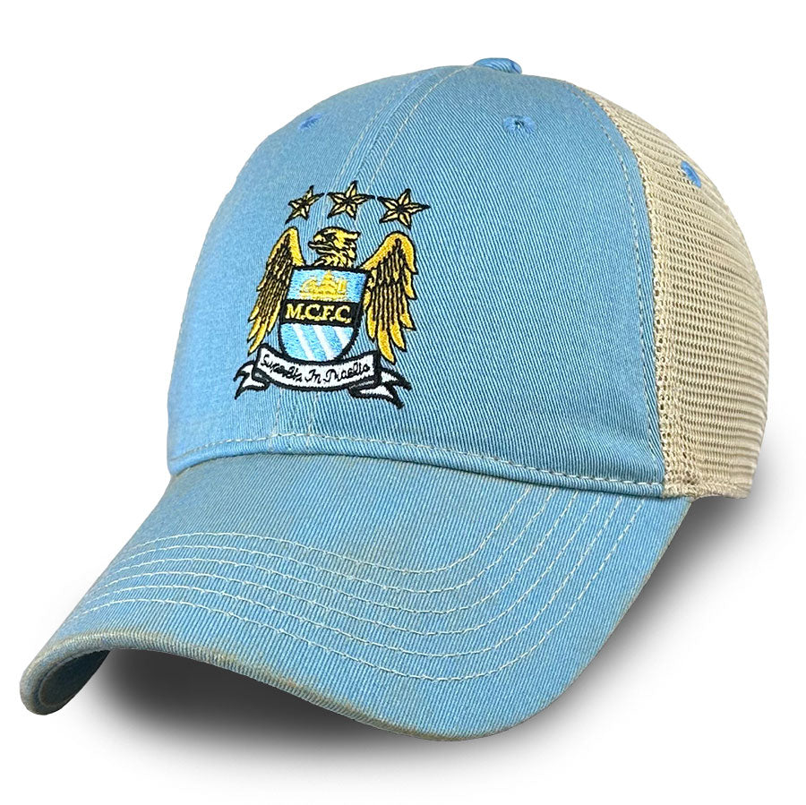 Manchester City Retro Color Badge Washed Vintage Trucker Hat - Sky Blu ...